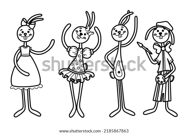 Set Cartoon Rabbits Line Art Animal: เวกเตอร์สต็อก (ปลอดค่าลิขสิทธิ์ ...