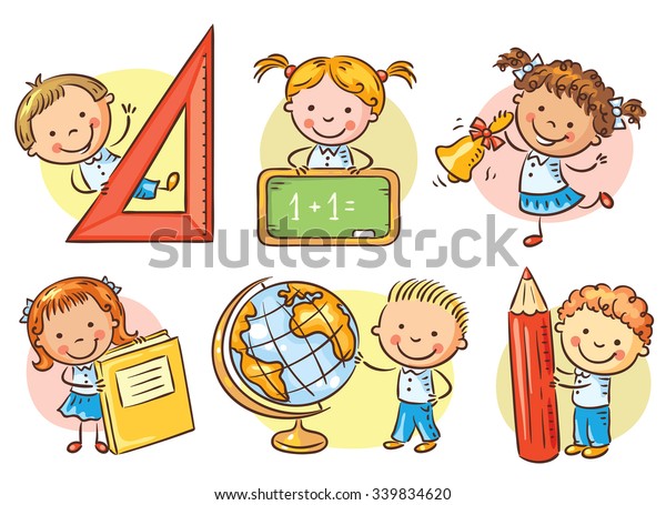 Conjunto de escolares de dibujos animados con diferentes objetos escolares