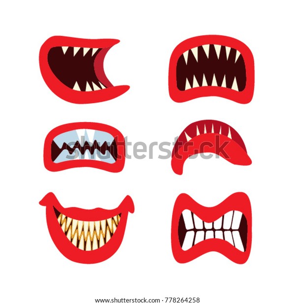 Set of cartoon smiles of monster. Red lips and sharp teeth. Isolated ...