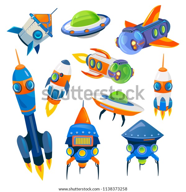 Set Cartoon Spaceships Isolated On White Stock Vector (Royalty Free ...