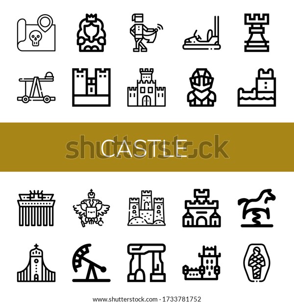 Set of castle icons. Such as Treasure map, Catapult, Princess, Obidos ...