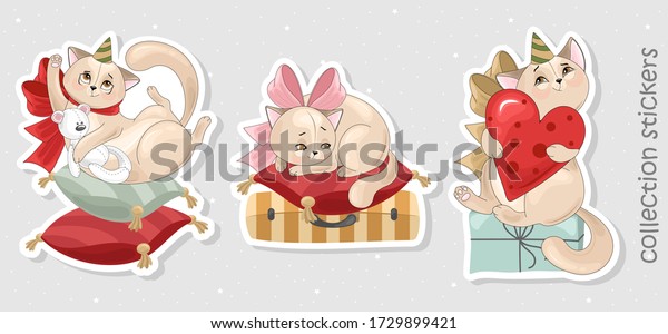 Set Cat Stickers Icons Vector Illustrations Stock Vector (Royalty Free ...