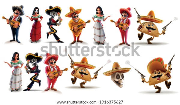 Set Cheerful Cartoon Characters Mexico: стоковая векторная графика (без ...
