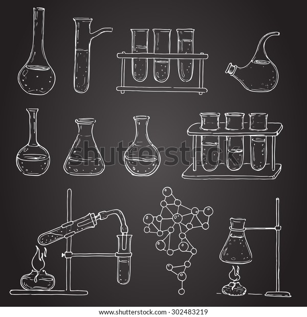 Set of chemical equipment. Vector hand drawing icons. Vintage ...