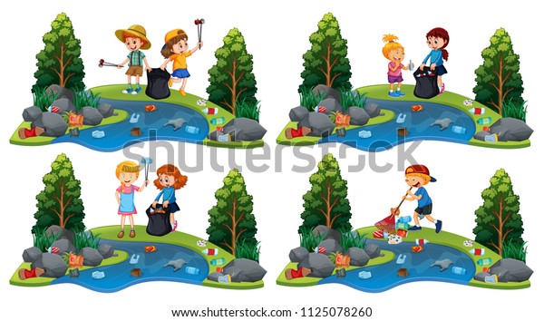 Set Children Cleaning River Illustration Stock Vector (Royalty Free ...