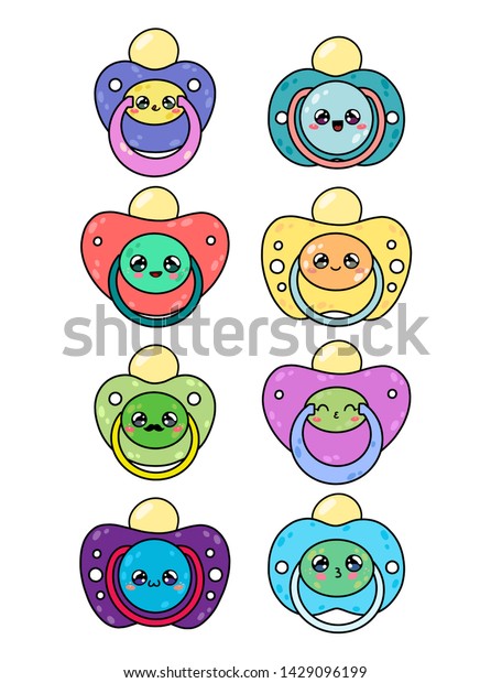 Set Childrens Pacifiers Cute Kawaii Faces Stock Vector (Royalty Free ...