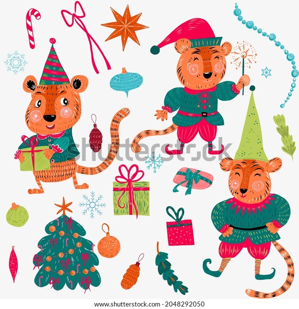 Set Christmas Characters Tigers Elf Costume Stock Vector (Royalty Free ...