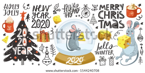 Set Christmas Elements Rat Lettering Gift Stock Vector (Royalty Free ...
