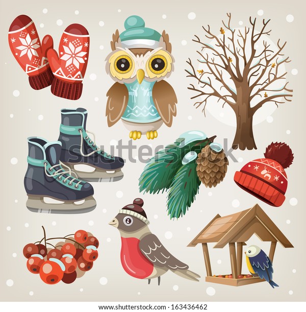 Set Christmas Winter Items Elements Stock Vector (Royalty Free) 163436462