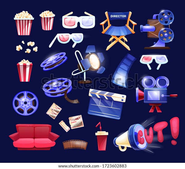 Set Cinema Objects Film Production Movie Stock Vector (Royalty Free ...