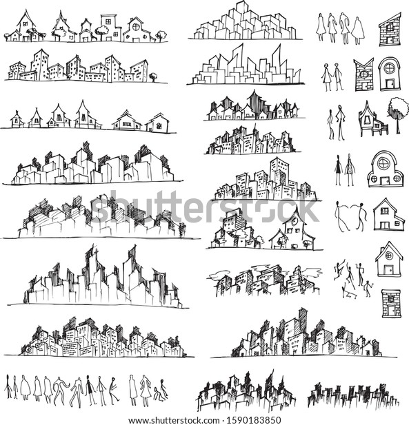 Set Cityscape Drawing Illustration Hand Drawn Stock Vector (Royalty ...
