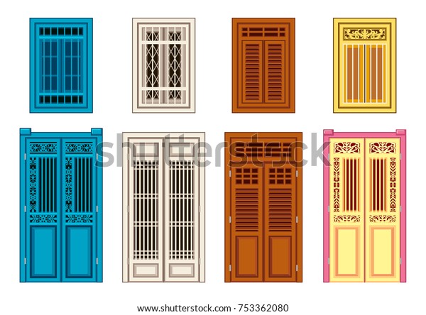 Set Classic Doors Windows Chinese Home Stock Vector (Royalty Free ...