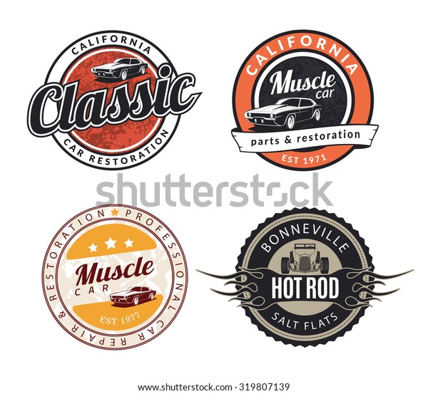 Set of classic muscle car emblems, badges and signs. Service car repair ...