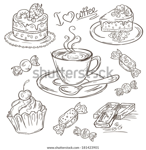 Set Coffee Desserts Sketch Vector Illustration Stock Vector (Royalty ...