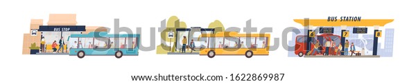 Set Colored Cartoon Bus Station Isolated Stock Vector (Royalty Free ...