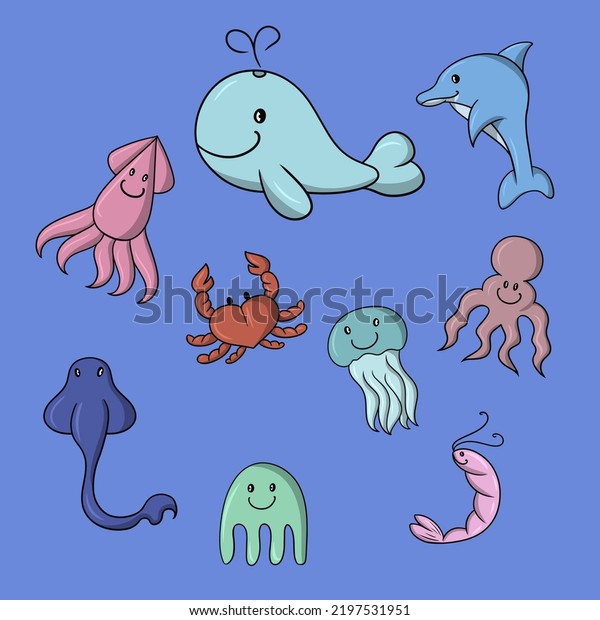 Set Colored Icons Cute Sea Characters Stock Vector (Royalty Free ...