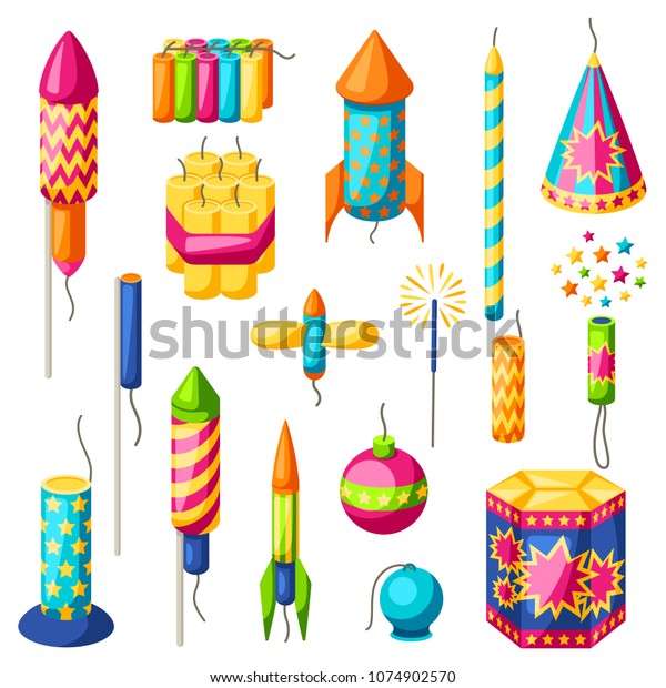 Set Colorful Fireworks Different Types Pyrotechnics Stock Vector ...