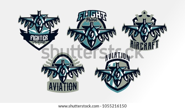 A set of colorful logos, badges, emblems of a military fighter plane ...