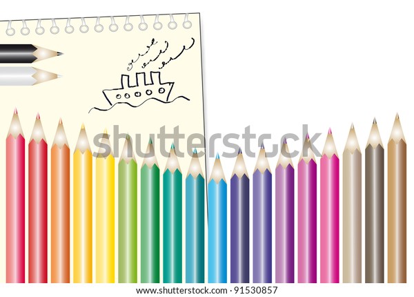 Set Colour Pencils Notepad Kids Drawing Stock Vector (Royalty Free ...