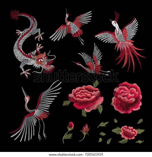 Set Crane Fire Bird Dragon Red: vetor stock (livre de direitos ...