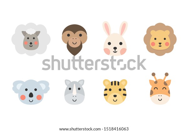 Set Cute Animals Character Animals Face Stock Vector (Royalty Free ...