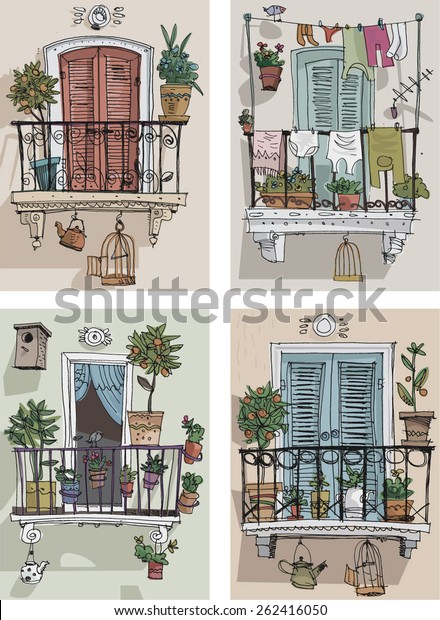 Set Cute Balcony Cartoon Stok Vektör (Telifsiz) 262416050 | Shutterstock