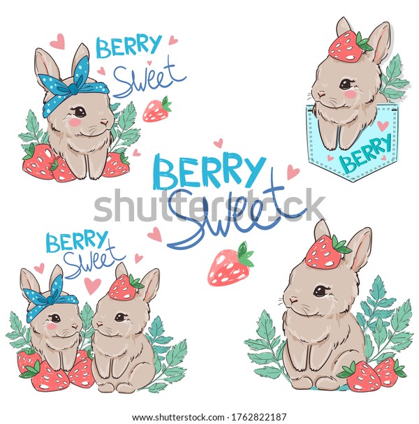 Set Cute Bunny Strawberry Berry Sweet Stock Vector (Royalty Free ...