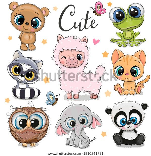 Set Cute Cartoon Animals On White Stock Vector (Royalty Free ...