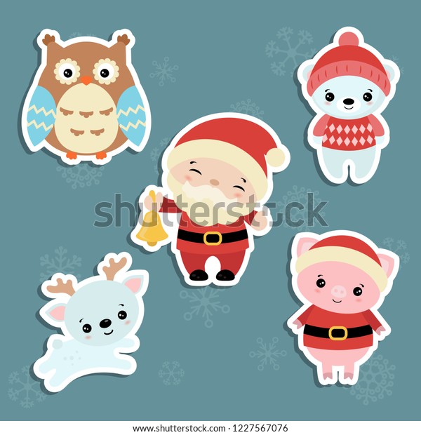 Set Cute Cartoon Characters Christmas Theme: เวกเตอร์สต็อก (ปลอดค่า ...