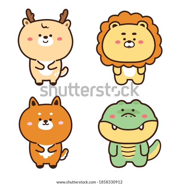 Set Cute Cartoon Flat Style Designanimals Stock Vector (Royalty Free ...