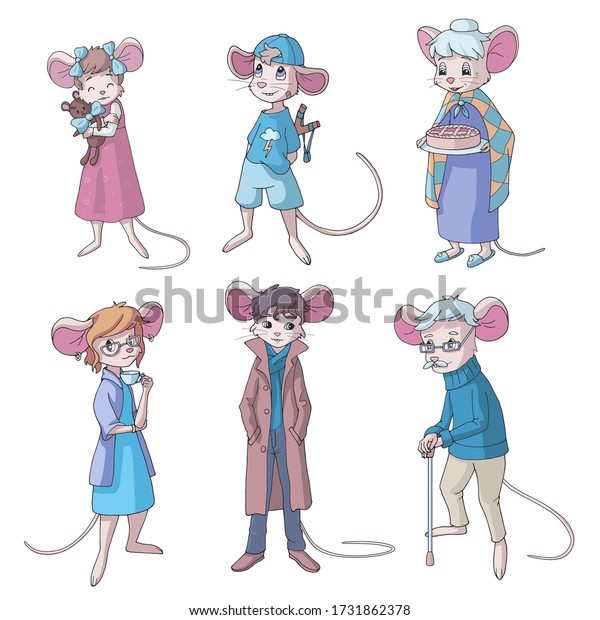 Set Cute Cartoon Mice Mouse Family Stock Vector (Royalty Free ...