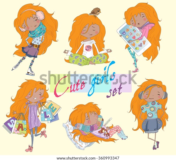 Set Cute Cartoon Red Headed Girls Stock Vector (Royalty Free) 360993347 ...