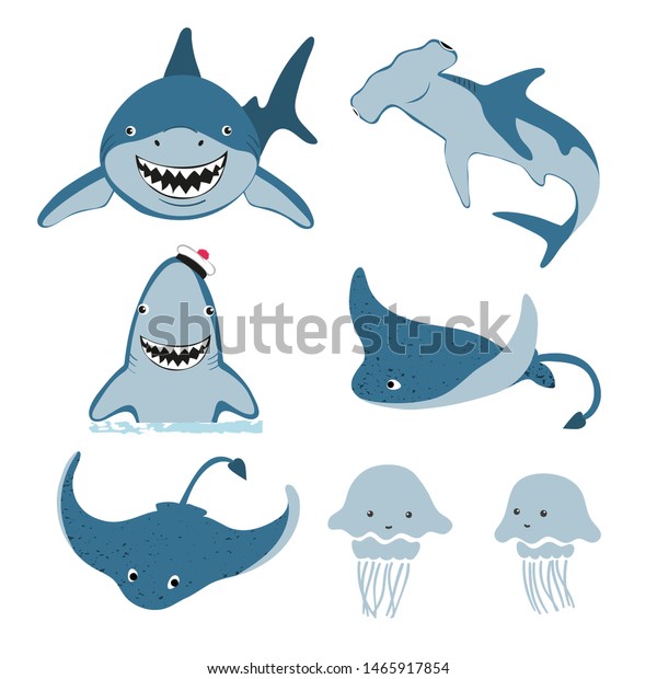 Set Cute Cartoon Sea Animals Vector Stock Vector (Royalty Free ...