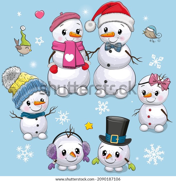 Set Cute Cartoon Snowmen On Blue Stock Vector (Royalty Free) 2090187106 ...