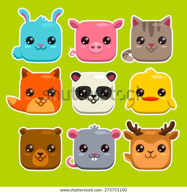 Set of cute cartoon square animals, vector zoo stickers