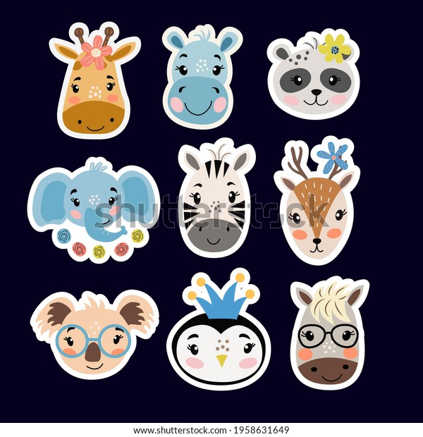 Set Cute Cartoon Stickers Faces Animals Stock Vector (Royalty Free ...