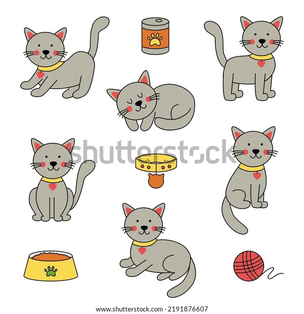 Set Cute Cats Accessories Cartoon Style Stock Vector (Royalty Free ...