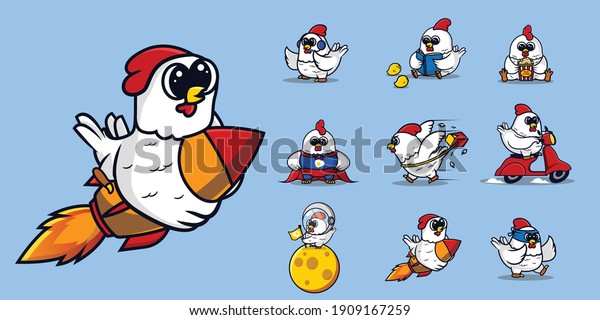 set of cute chicken mascot logo design. chicken astronaut, chicken ride ...