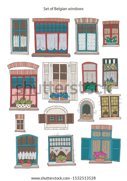 Set Cute Color Belgian Windows Handdrawn Stock Vector (Royalty Free ...