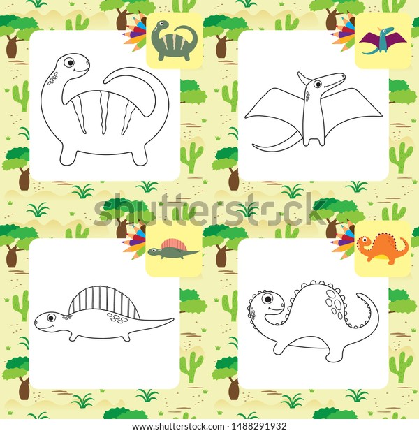 Set Cute Dino Coloring Pages Vector: เวกเตอร์สต็อก (ปลอดค่าลิขสิทธิ์ ...