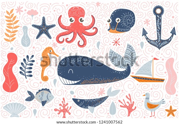 Set Cute Doodle Style Sea Characters Stock Vector (Royalty Free ...