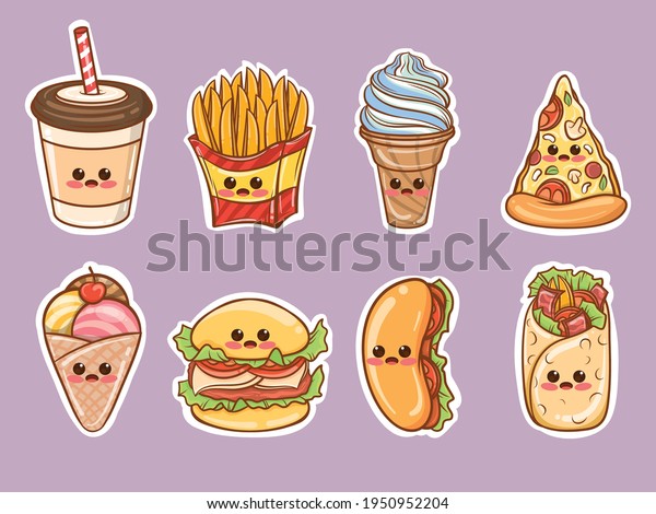 Set Cute Fast Food Sticker Concept Stock Vector (Royalty Free ...