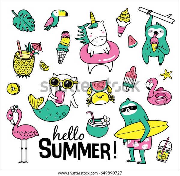 Set of cute and fun summer stickers/ badges/ icons/ patches/ design ...