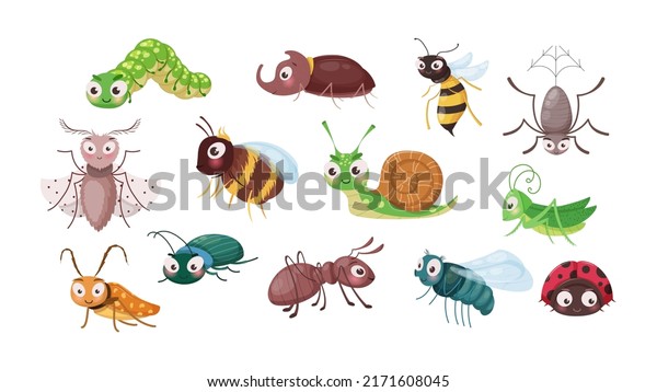 Set Cute Funny Insects Happy Faces Stock Vector (Royalty Free ...