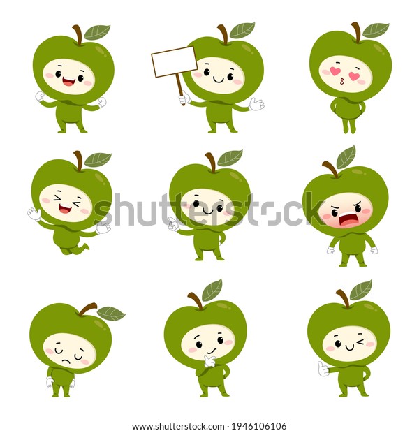 Set Cute Green Apple Cartoon Characters Stock Vector (Royalty Free ...
