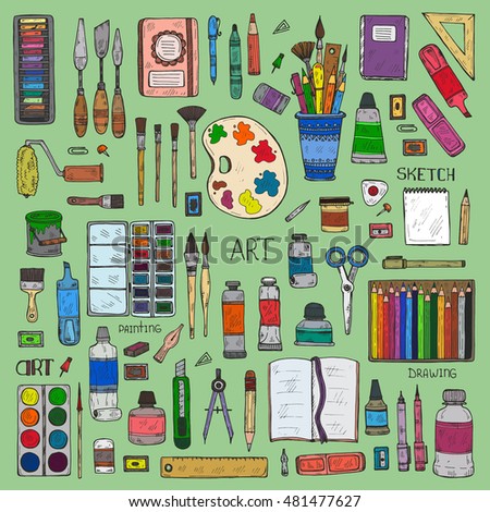 Set Cute Hand Drawn Art Tools Stock Vector (Royalty Free) 481477627 ...