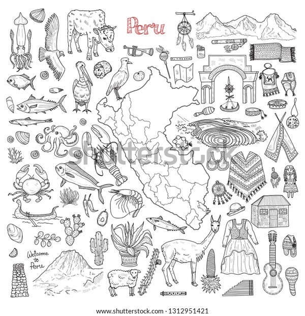 Set of cute hand drawn Peru related icons including map, fish ...