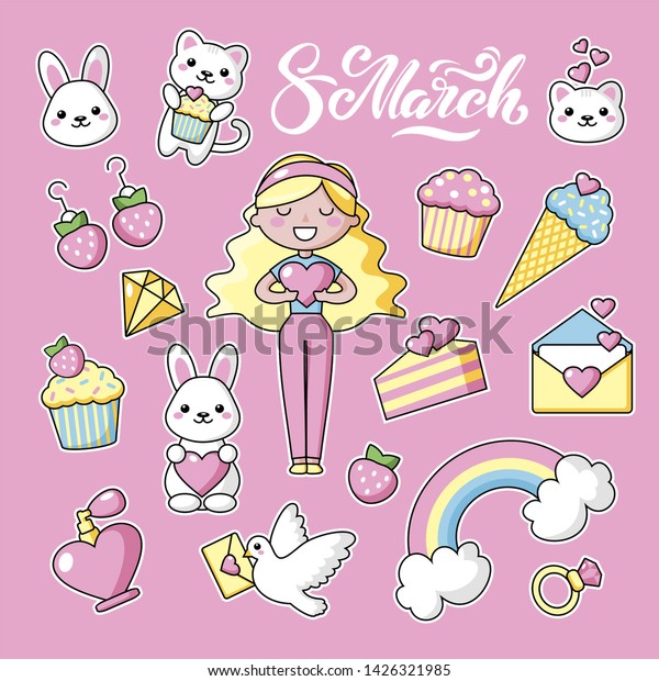 Set Cute Kawaii Objects Girl Long Stock Vector (Royalty Free ...