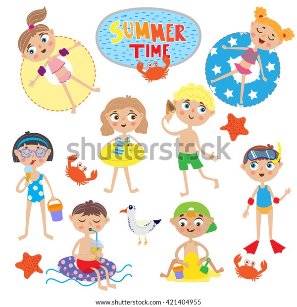 Set Cute Kids On Summer Holidays Stock Vector (Royalty Free) 421404955 ...