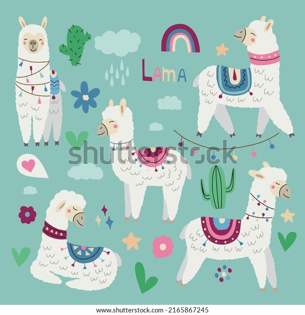 Set Cute Lamas Different Poses Vector: vetor stock (livre de direitos ...